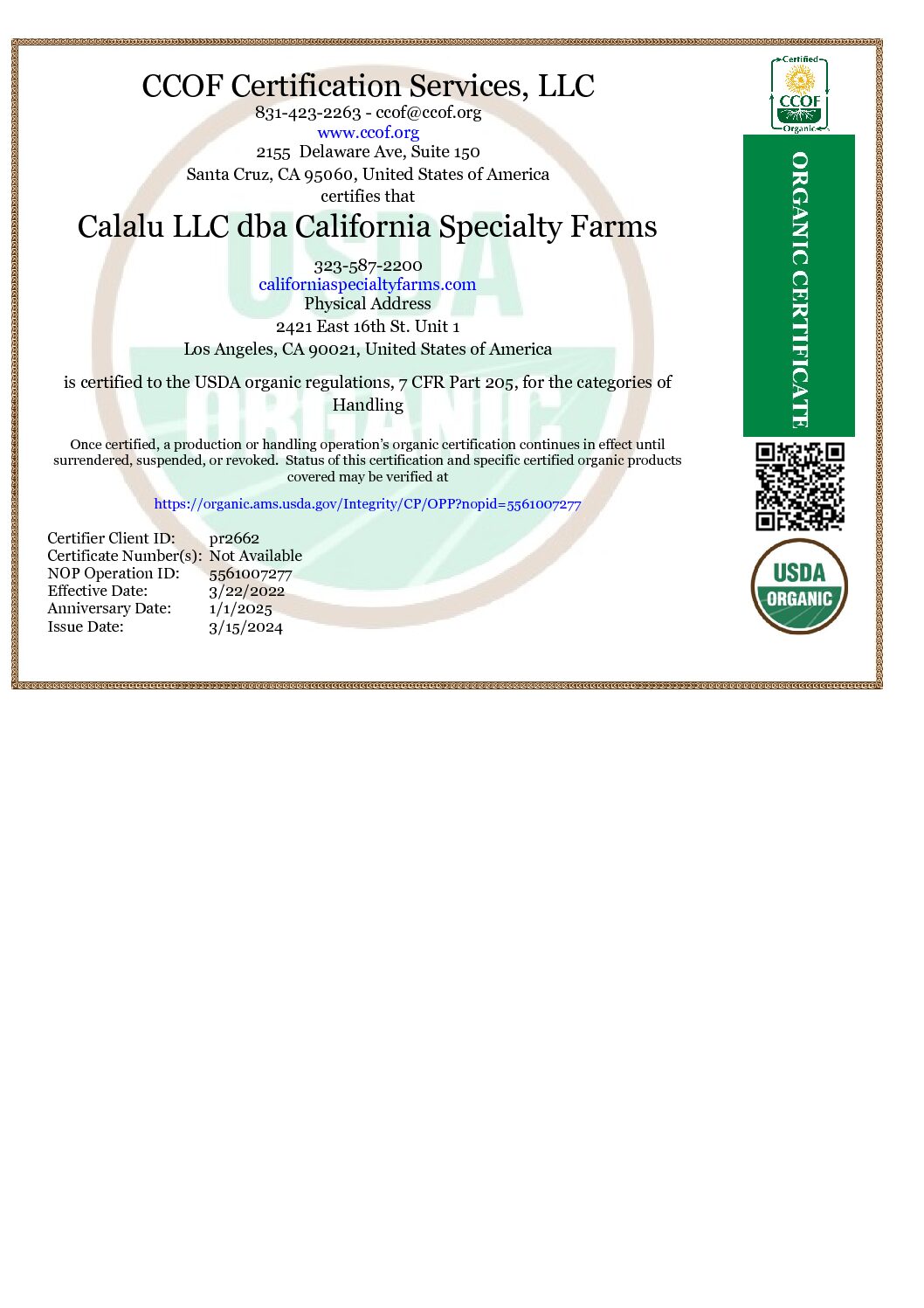 Food Safety - California Specialty Farms